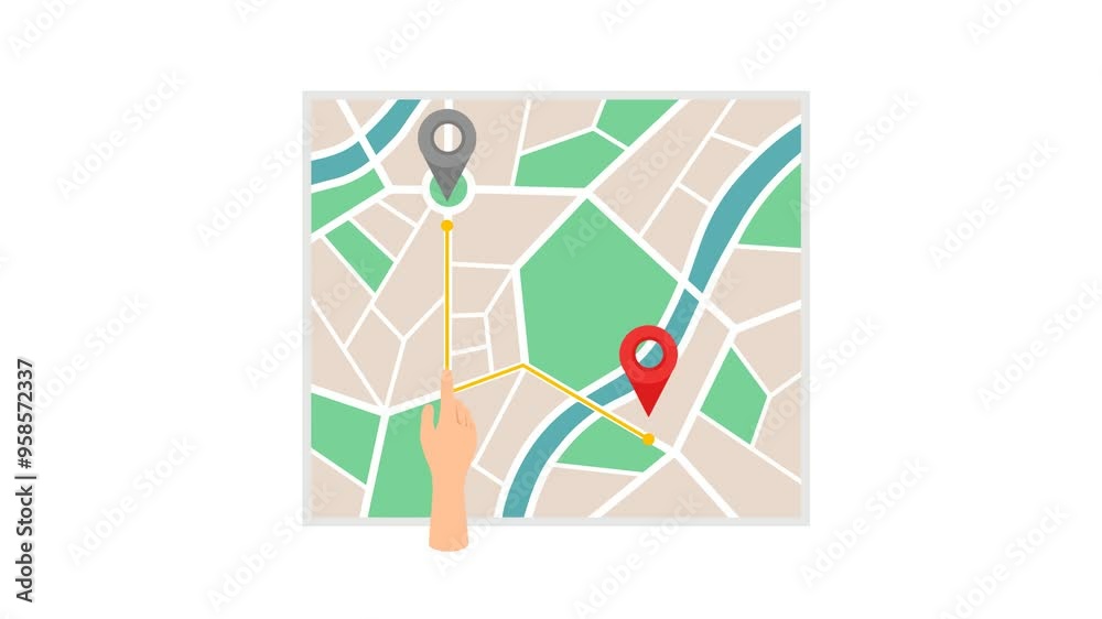 4K video Map Footage with Hand, Map and Pin Location on White Screen ...