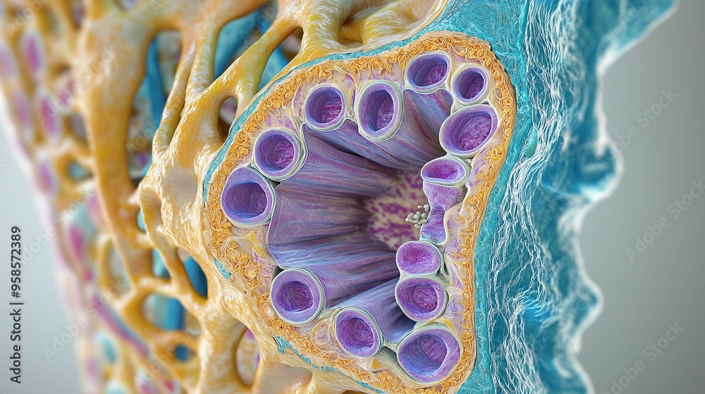 ภาพประกอบสต็อก Cross-section of the trachea, showing cilia and mucus ...