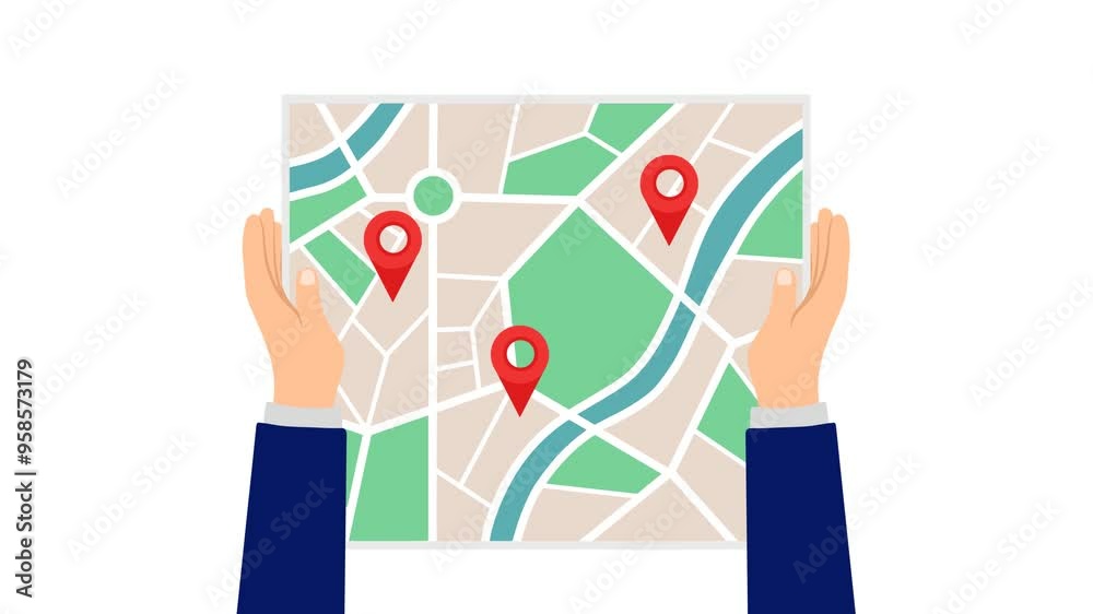 4K video Map Footage with Hand, Map and Pin Location on White Screen ...