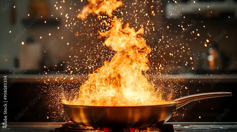 Fire bursting from a pan, vibrant sparks flying against a shadowy ...