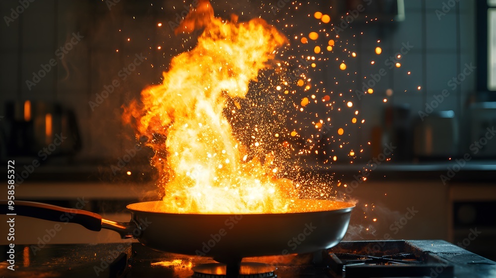 Fire bursting from a pan, vibrant sparks flying against a shadowy ...