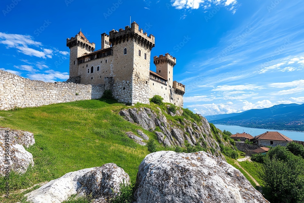 Heraldic castle, fortified towers, stronghold symbol represents ...