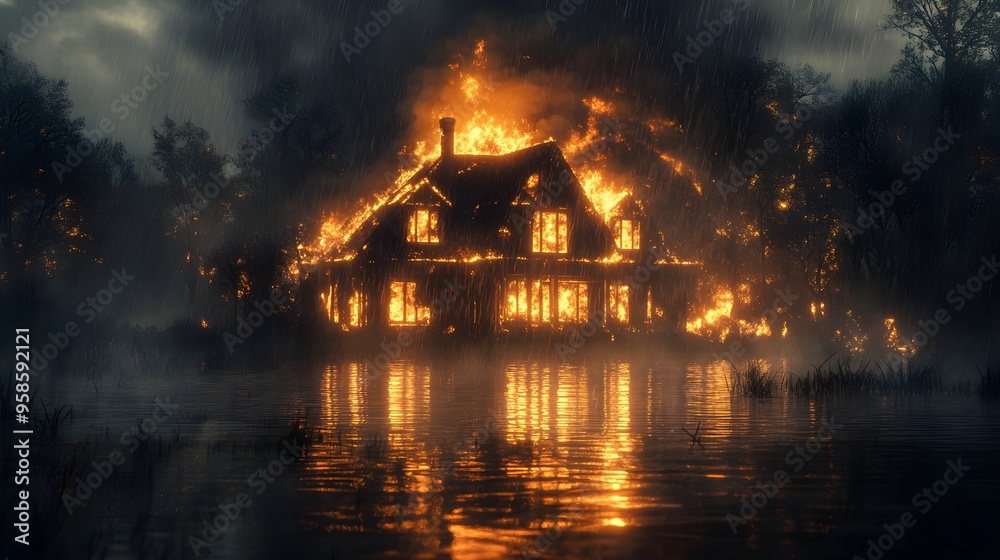 Nighttime scene of a house on fire, rain pouring down, steam hissing ...