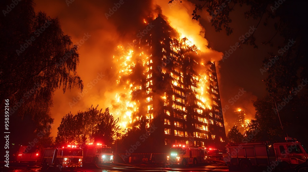 Nighttime scene of a skyscraper with an apartment on fire, fire trucks ...