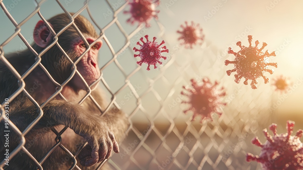 Monkey behind a chain-link fence with floating virus particles in the ...