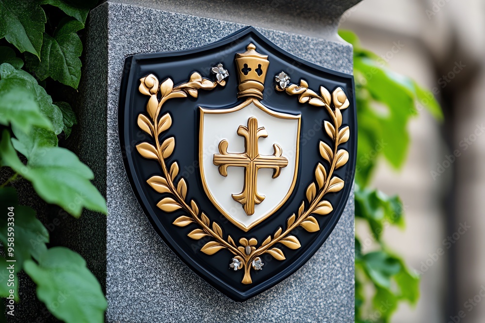 Heraldic shield, chevron patterns, noble lineage highlights the family ...