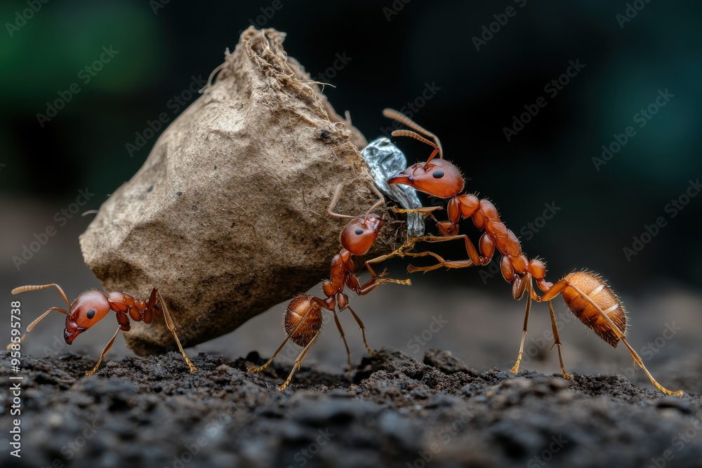 Two ants lift a large object while a third ant watches, demonstrating ...