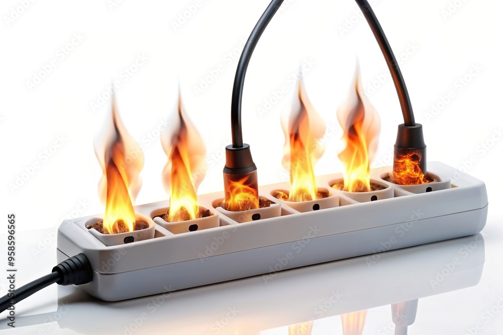Fire starting from an overloaded power strip on a white isolated ...