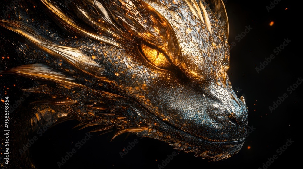 Elegant art deco dragon with glittering reptilian scales, bold and ...