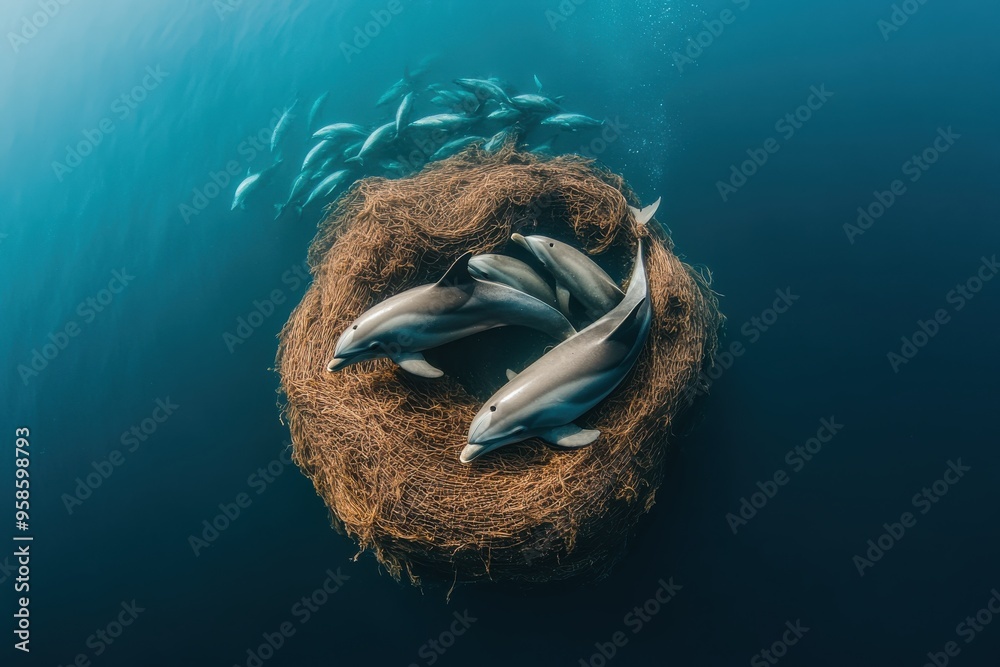 This image portrays dolphins resting inside a giant nest structure in ...