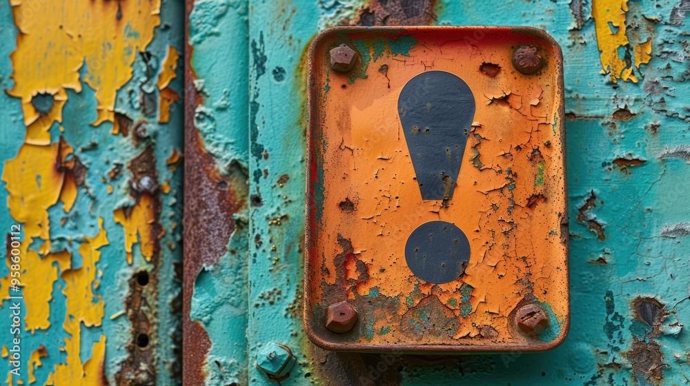 Rusty metal surface with peeling paint and weathered warning sign ...