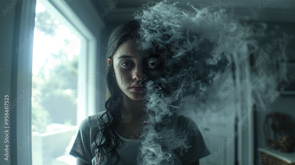 Darkness is reflected in the depths of the mirror. Women in a ...