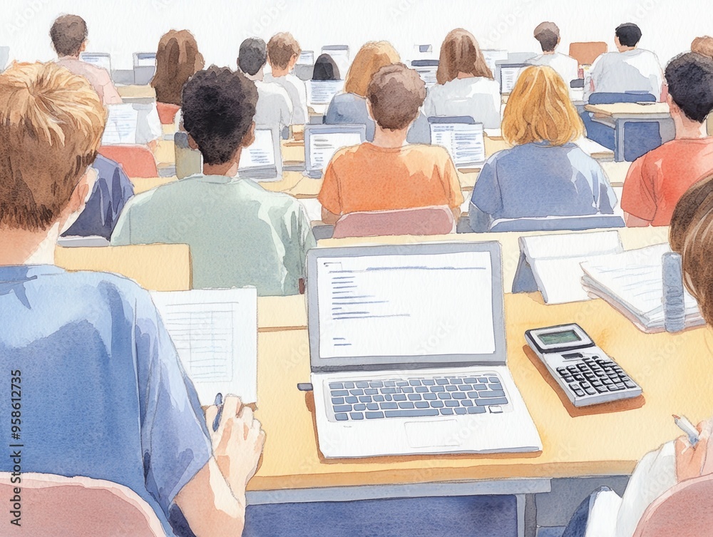 Students engaged in a classroom setting, using laptops and calculators ...