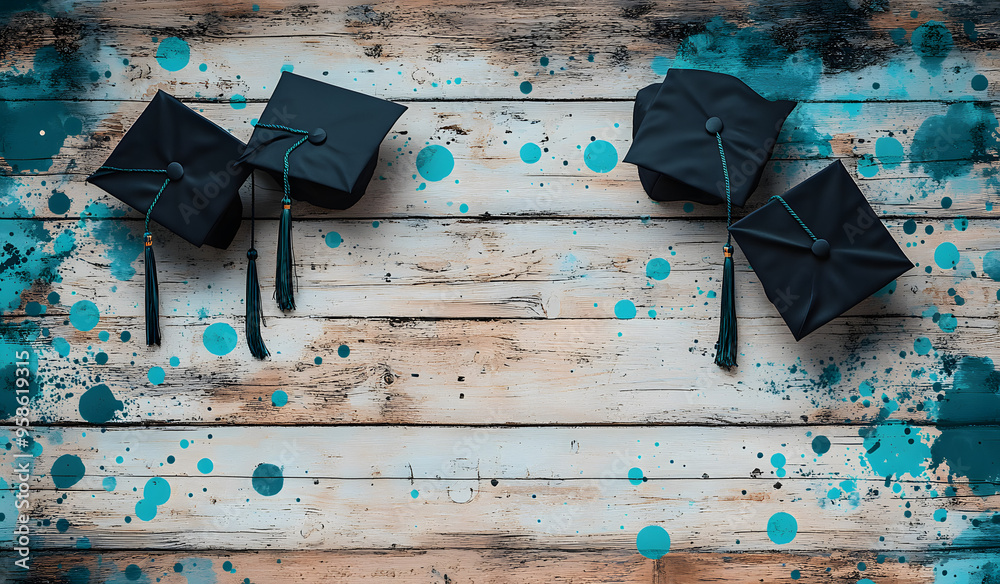 “Black Graduation Caps Floating on a White Wooden Background ...
