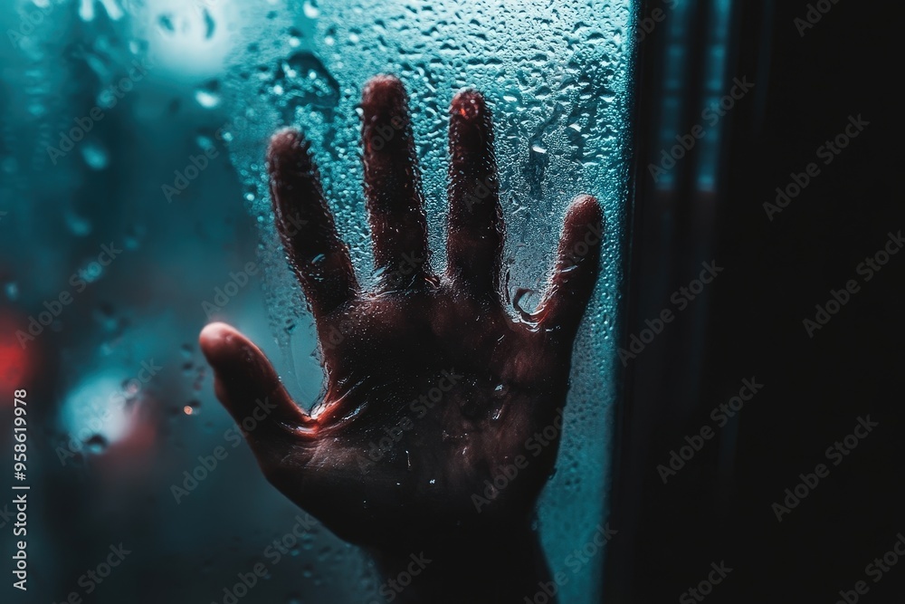 A close-up image showing a hand pressed against a rain-covered window ...