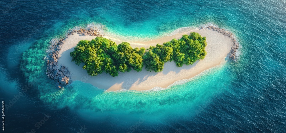 An aerial view of a small, crescent-shaped island with white sand beach ...