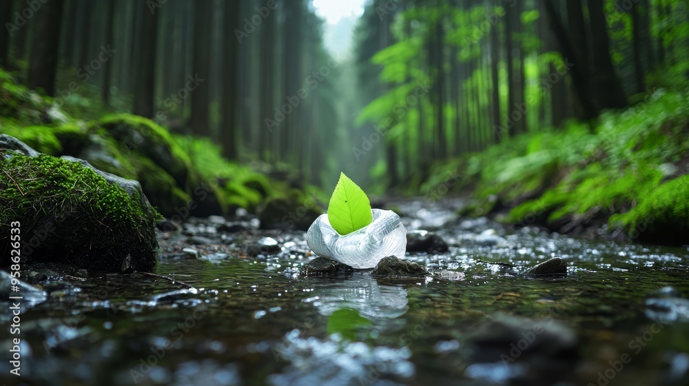 Remote, untouched forest with a stream contaminated by microplastics ...