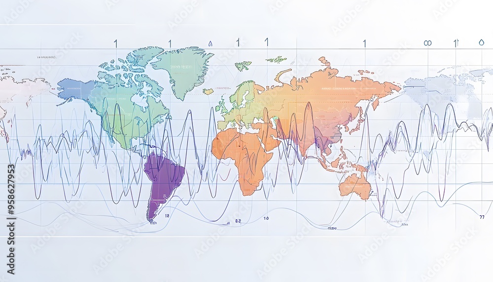 World Map with Overlaid Blue Lines and Color-Coded Continents Stock ...