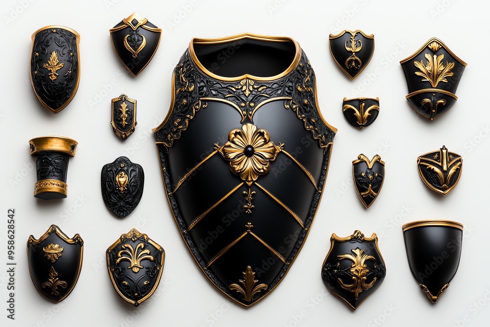 Heraldic achievement, full arms, knight's armor includes every element ...