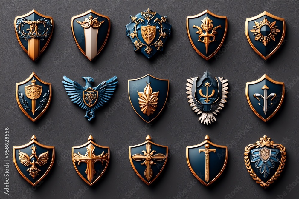 Heraldic achievement, full arms, knight's armor includes every element ...