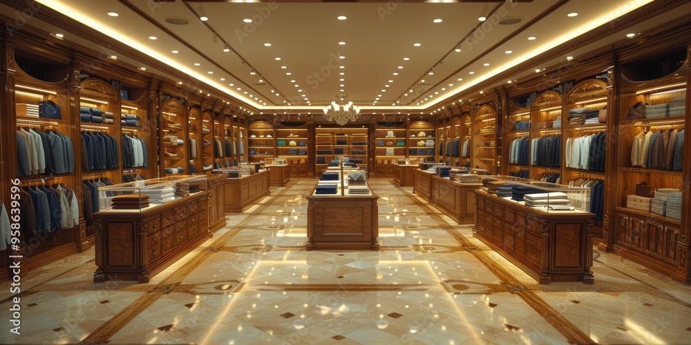 An elegant and brightly lit luxury menswear store with meticulously ...