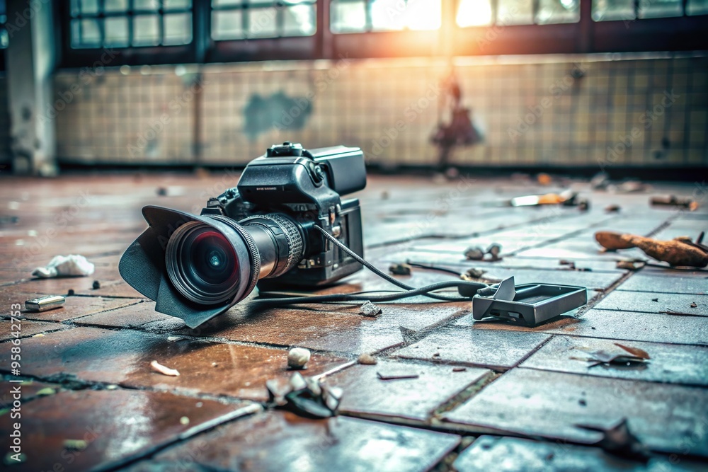 Damaged and fallen on the floor videocamera surrounded by Leading Lines ...