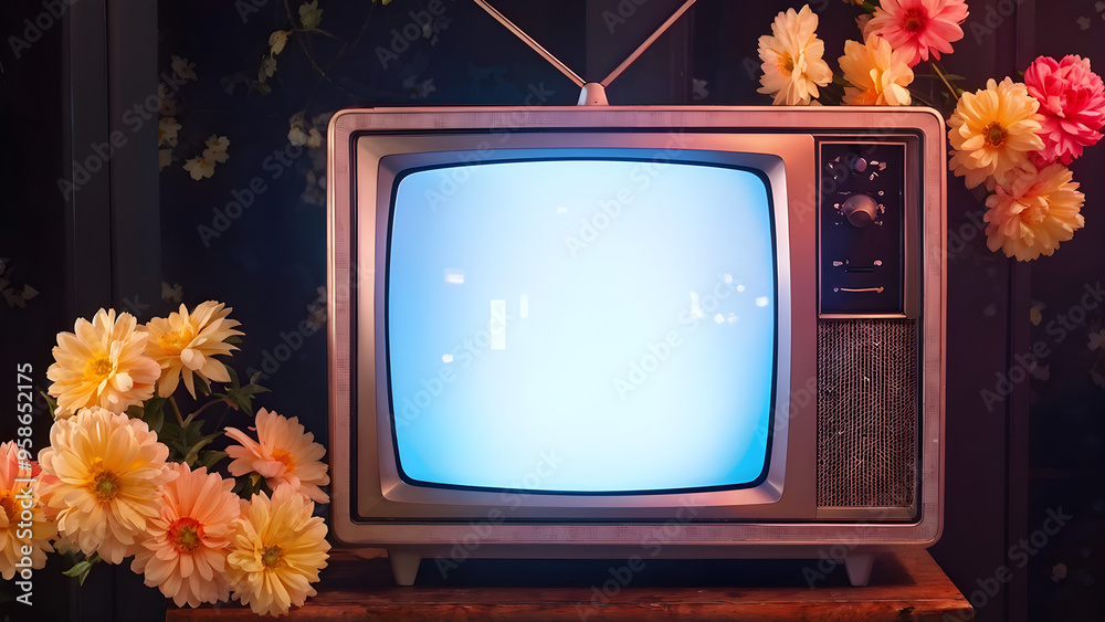 old retro vintage tv stands on a nightstand among yellow flowers, empty ...