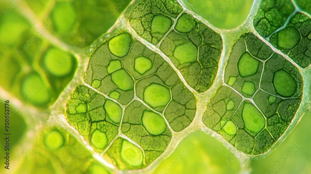 Leaf cross section under a microscope, displaying the cells where photosynthesis occurs ...
