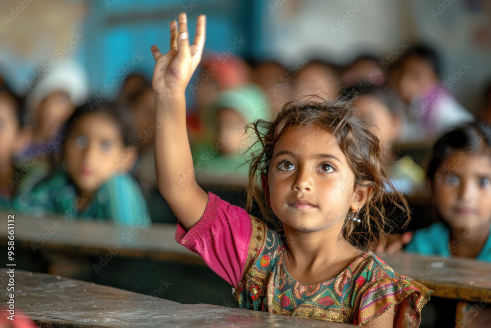 Young Girl Raising Hand in Classroom for International Day of the Girl ...