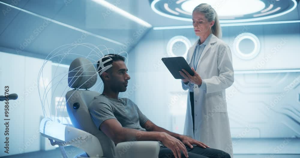 Futuristic Laboratory: Doctor Monitors a Patient's Brain Scan Using ...