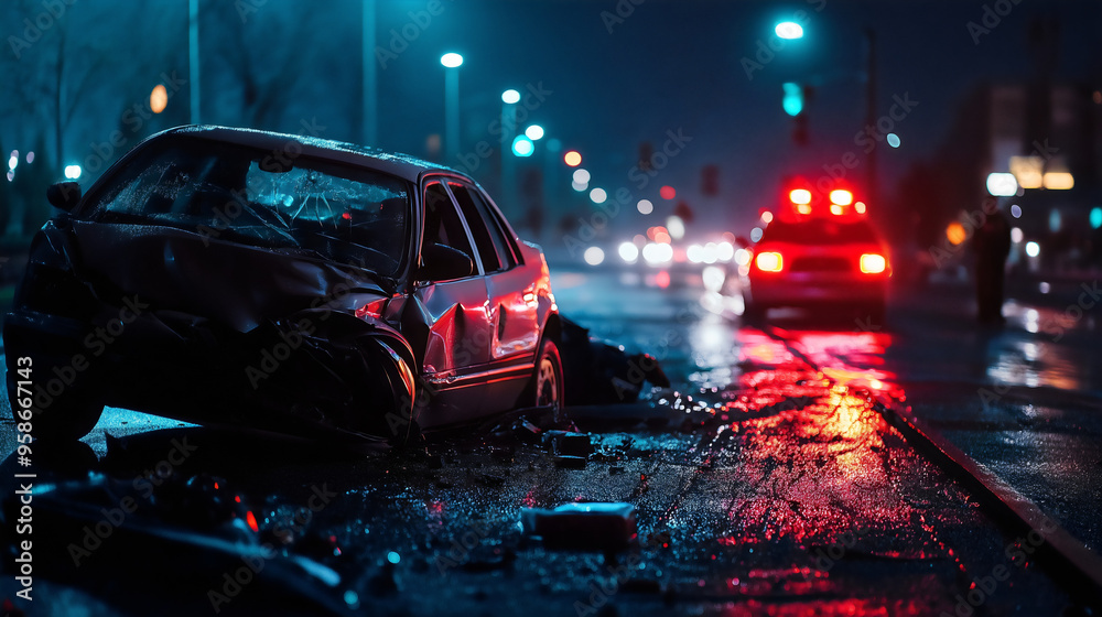 Car crash accident scene wreckage of a destroyed, broken smashed car ...