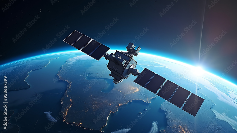 Satellite station with solar panels floating in space above blue round ...