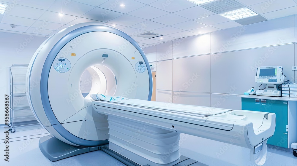 A modern MRI machine in a clean and well-lit medical facility, ready ...