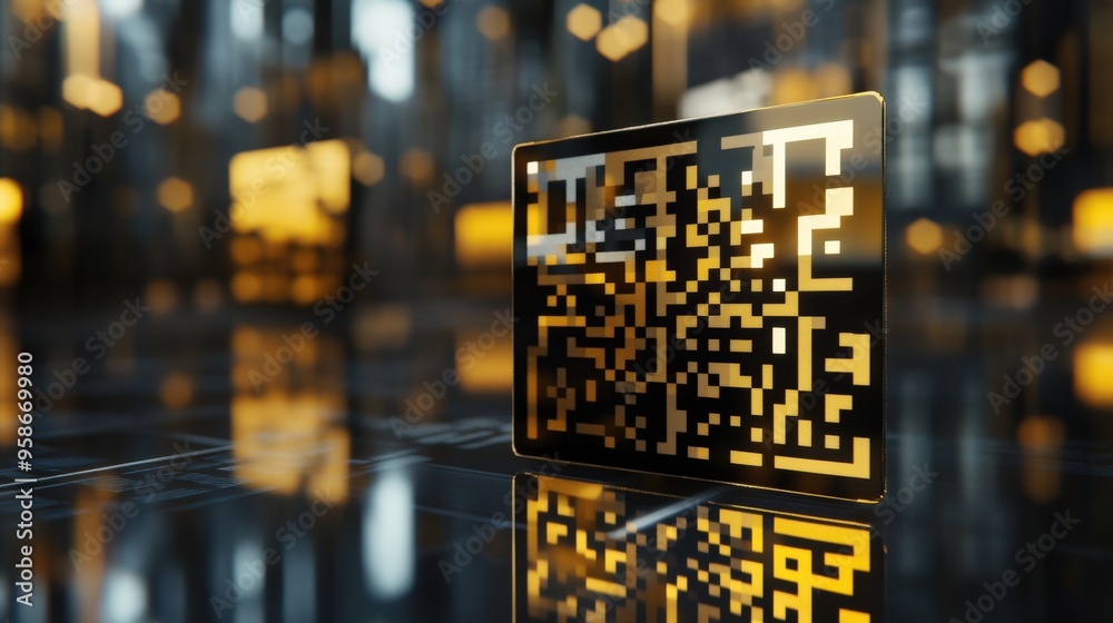 A glossy black and gold QR code stands out in a sleek, modern setting ...