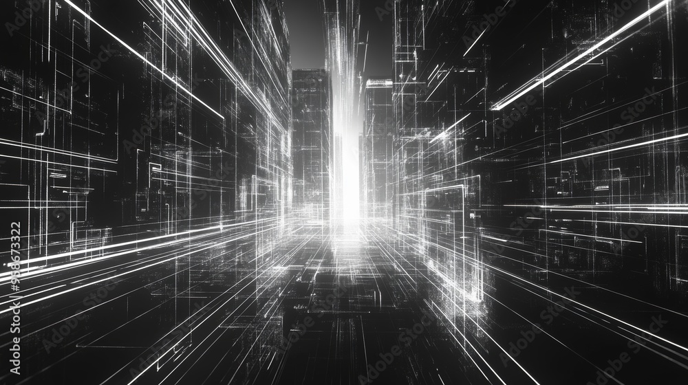 Black-and-white futuristic digital illustration, reference grid overlay ...
