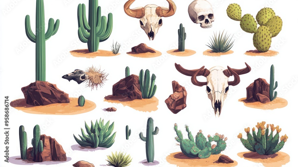 Collection of wild west elements. Includes cactus, skull, desert ...
