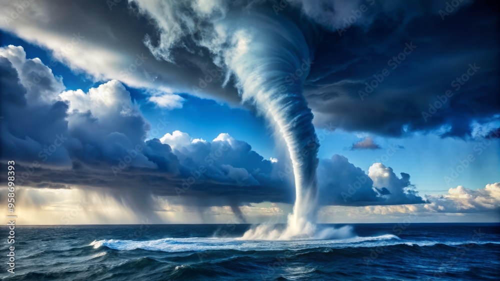Powerful water spout funnel cloud touches ocean surface, creating a ...