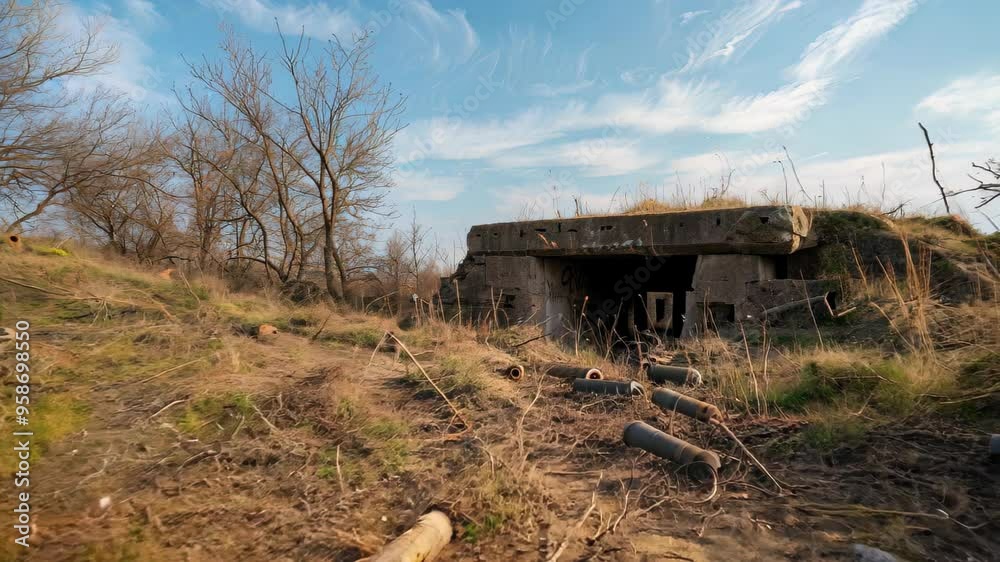 A view of an abandoned military bunker in a rugged, overgrown landscape ...