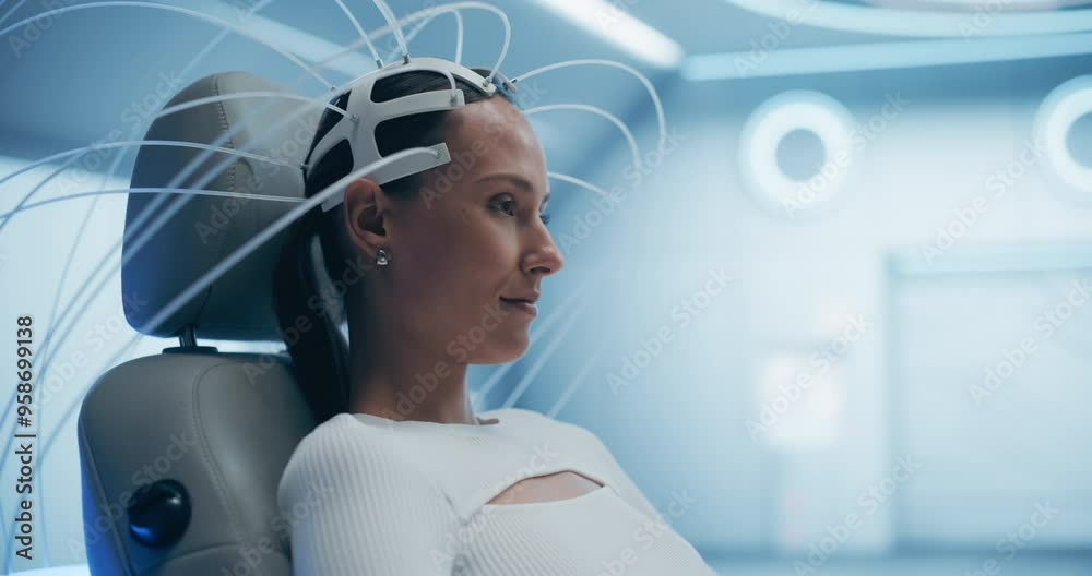 Futuristic laboratory: Female Patient Wearing Headset for an Advanced Brain Scan Using Neural ...