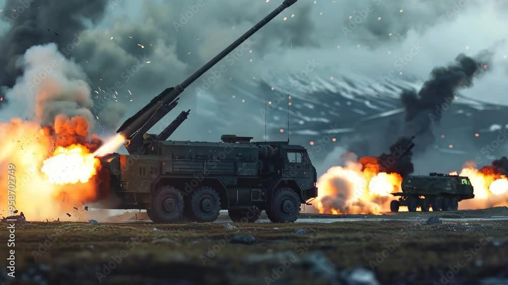 A dramatic scene unfolds with modern artillery vehicles in active ...
