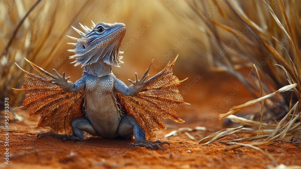 Frill-Necked Lizard with Spreads Wings in a Desert Setting Stock Photo ...