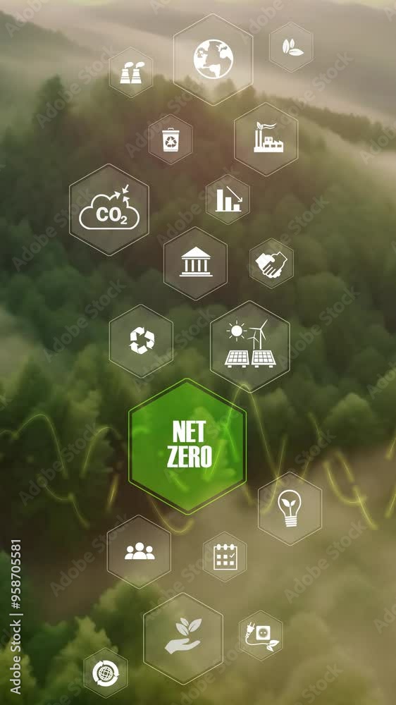 Net zero emission and carbon neutral concept with Net zero icons In Green Forest With Sunlight ...