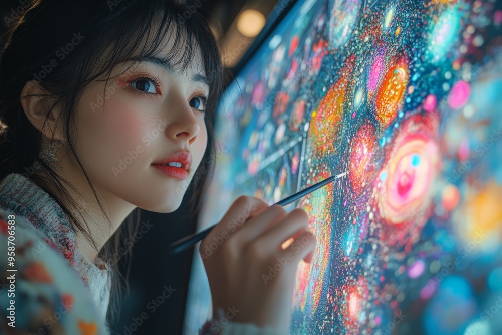 A Japanese artist creating digital art using AI algorithms on a high-resolution screen, her hand ...