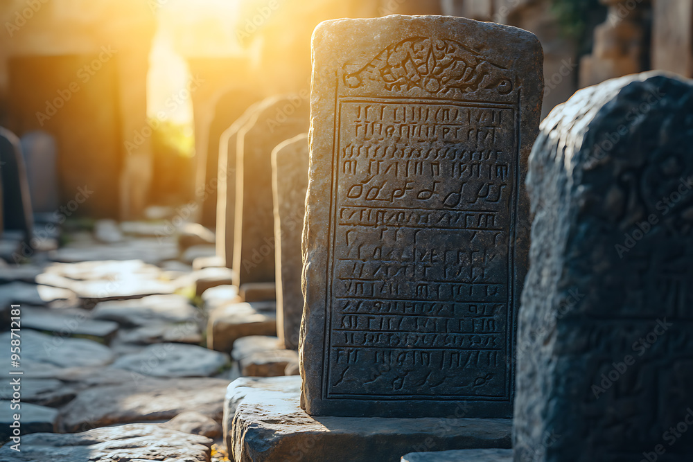 Ancient stone tablets featuring inscribed commandments, representing a ...