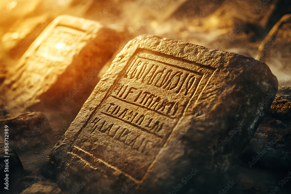 Ancient stone tablets featuring inscribed commandments, representing a ...