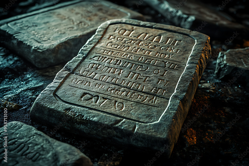Ancient stone tablets featuring inscribed commandments, representing a ...