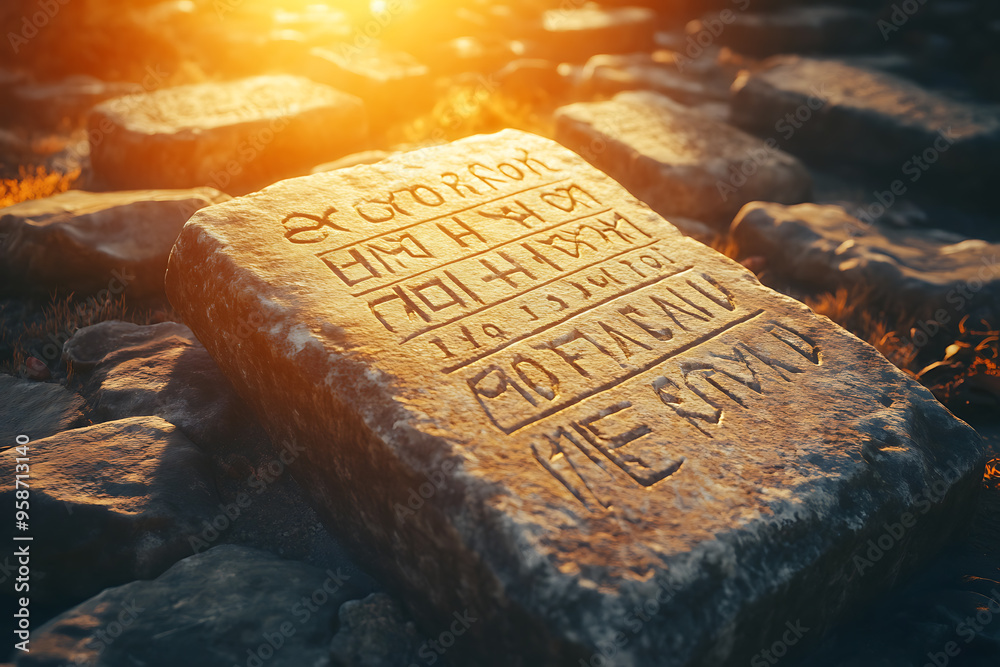 Ancient stone tablets featuring inscribed commandments, representing a ...