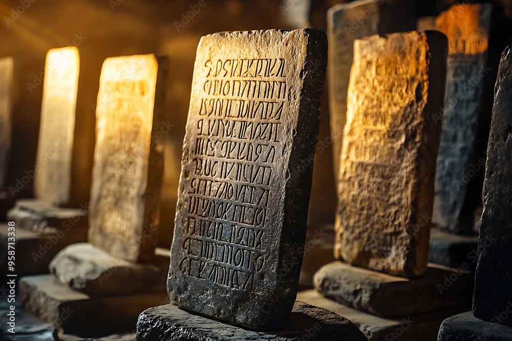 Ancient stone tablets featuring inscribed commandments, representing a ...
