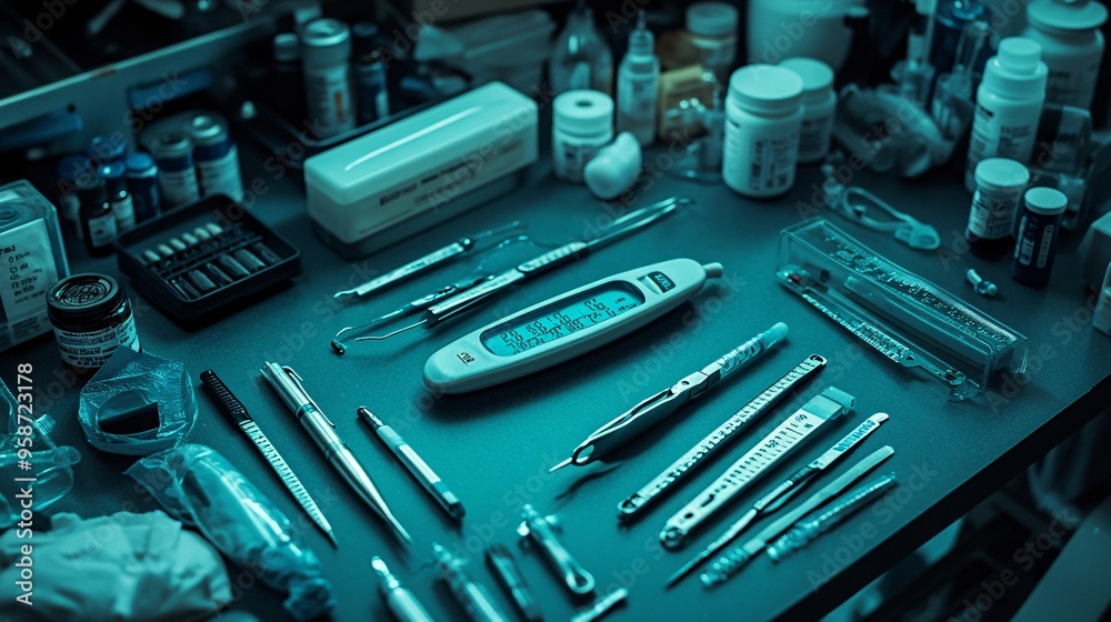 Shadowy silhouettes of common medical equipment like a thermometer and ...