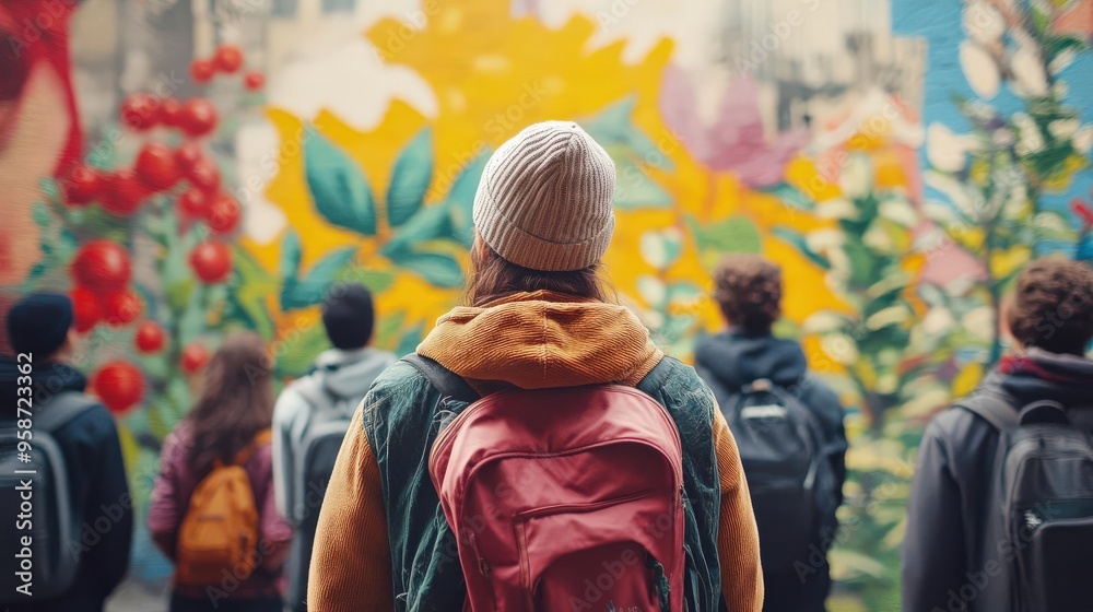 4K Detail Realistic Street art tour, guide explaining mural to group ...